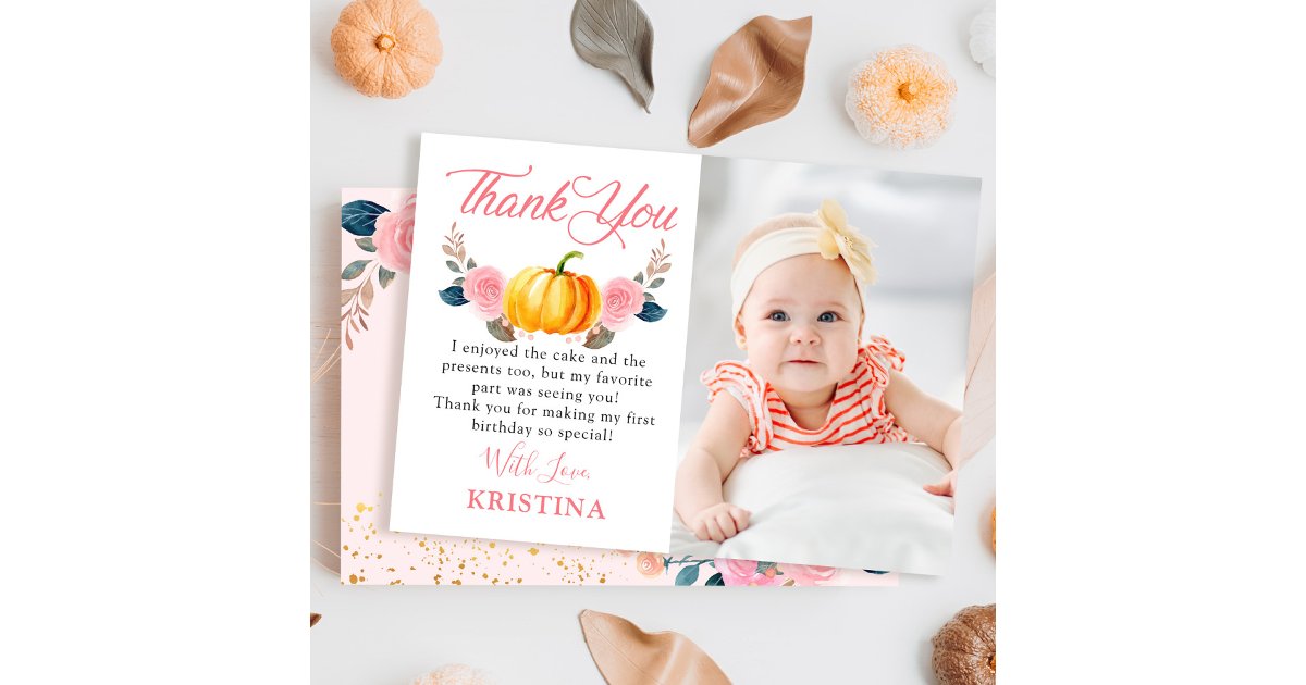 Pink Floral Autumn Pumpkin Fall Birthday Photo Thank You Card | Zazzle