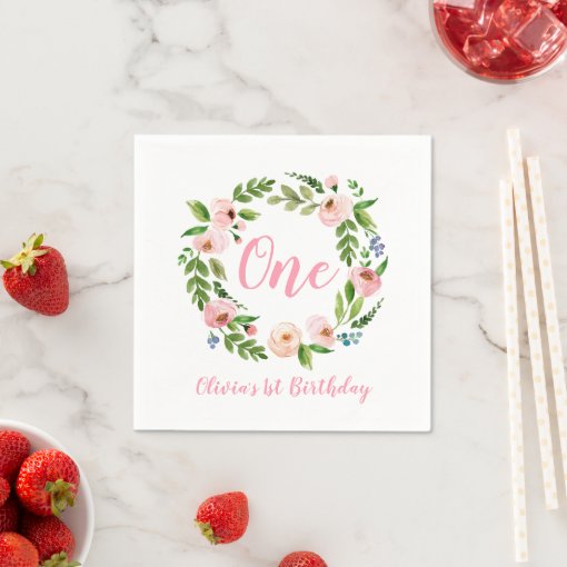 Pink Floral Baby Girl 1st Birthday Party Napkin | Zazzle