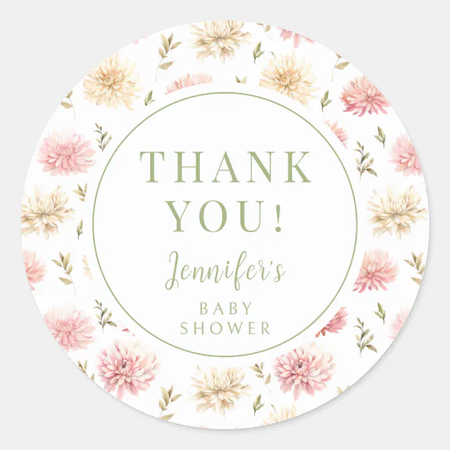 Pink floral baby in bloom thank you stickers | Zazzle