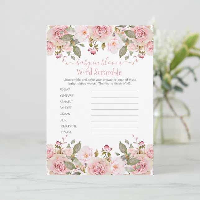Pink Floral Baby Shower Word Scramble Game Card | Zazzle