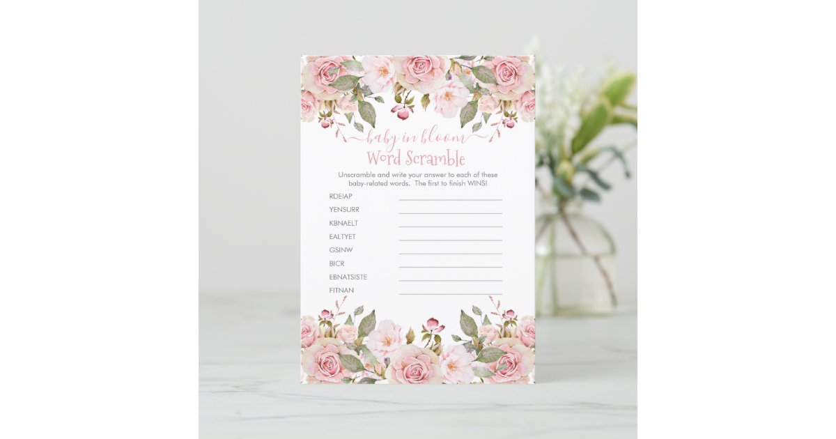 Pink Floral Baby Shower Word Scramble Game Card | Zazzle