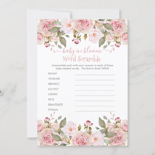 Pink Floral Baby Shower Word Scramble Game Card | Zazzle