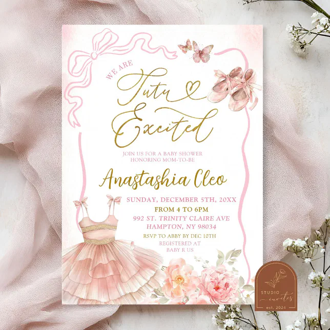 Pink Floral Ballerina Tutu Excited Baby Shower Invitation | Zazzle