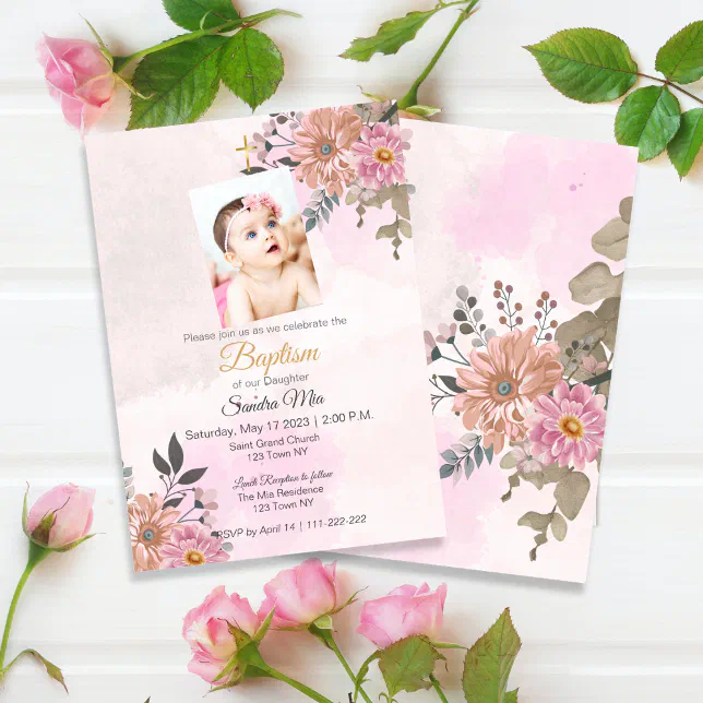 Pink Floral Baptism Invitation | Zazzle