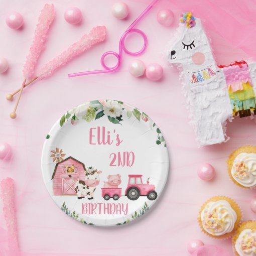 Pink Floral Barn Tractor Farm Birthday Paper Plates | Zazzle