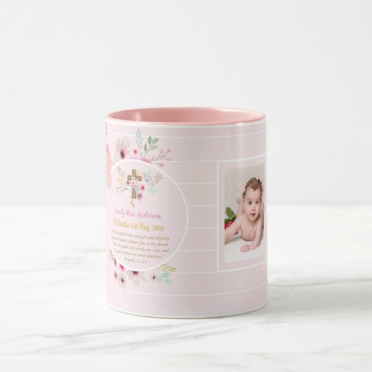 Pink Floral BAUTIZO Baptism Bible Verse Photo Girl Mug | Zazzle.com