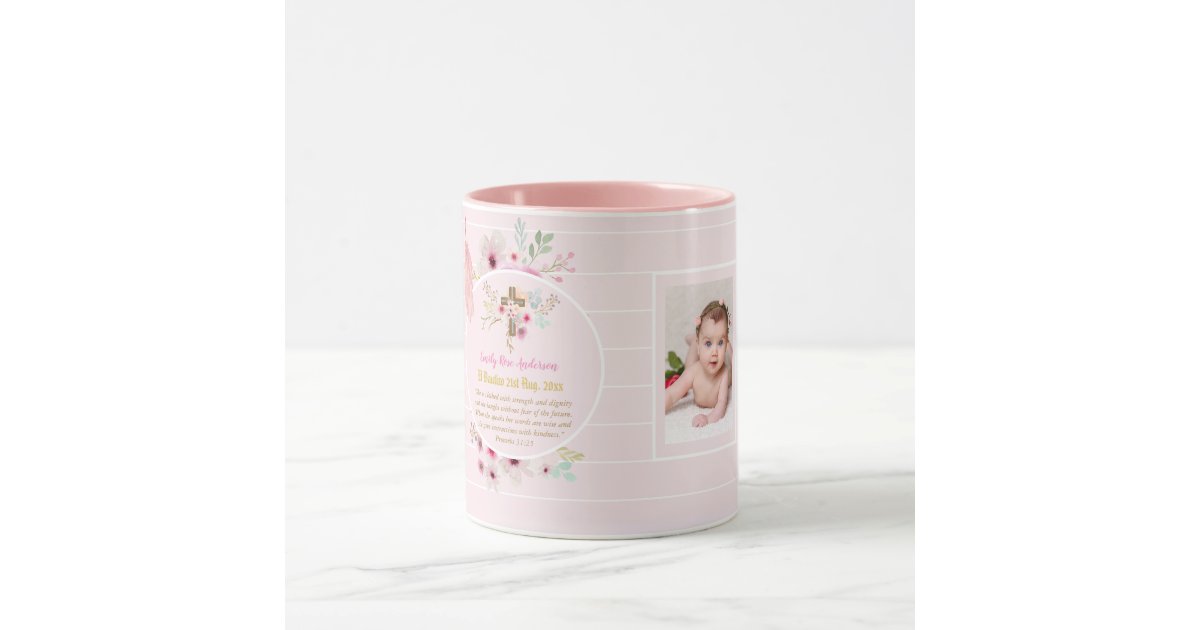 Pink Floral BAUTIZO Baptism Bible Verse Photo Girl Mug | Zazzle