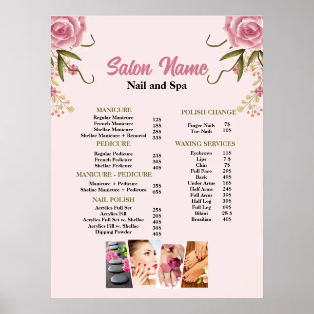 Pink Floral Beauty Nail Salon Price List menu Poster | Zazzle