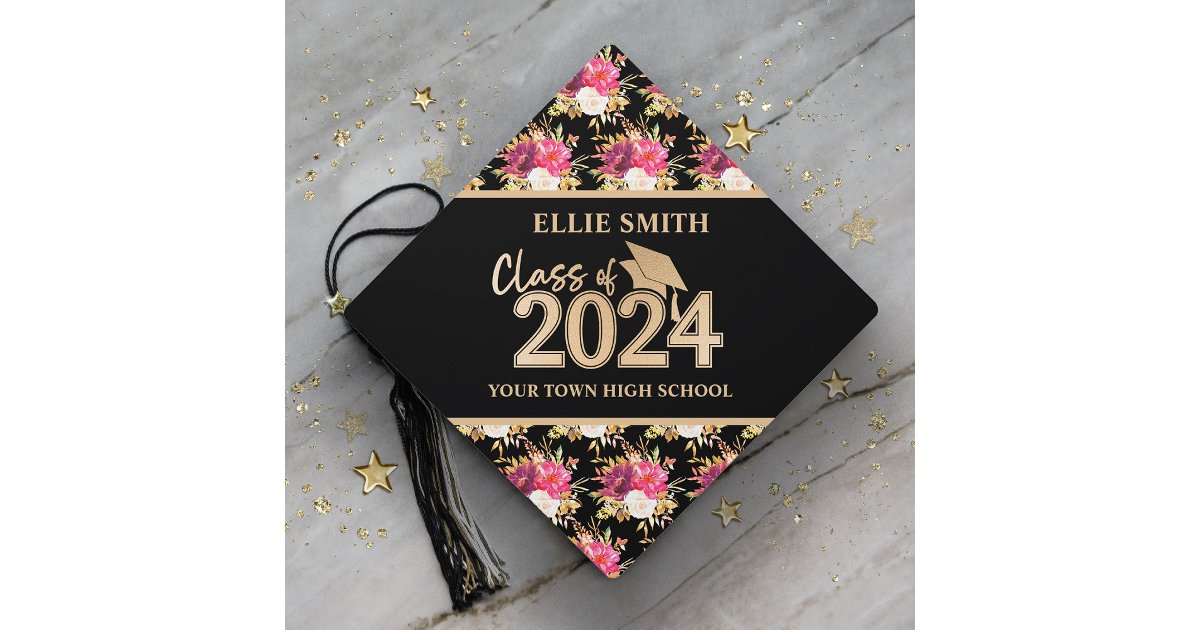 Pink Floral Black Gold Class 2024 Graduation Cap Topper | Zazzle