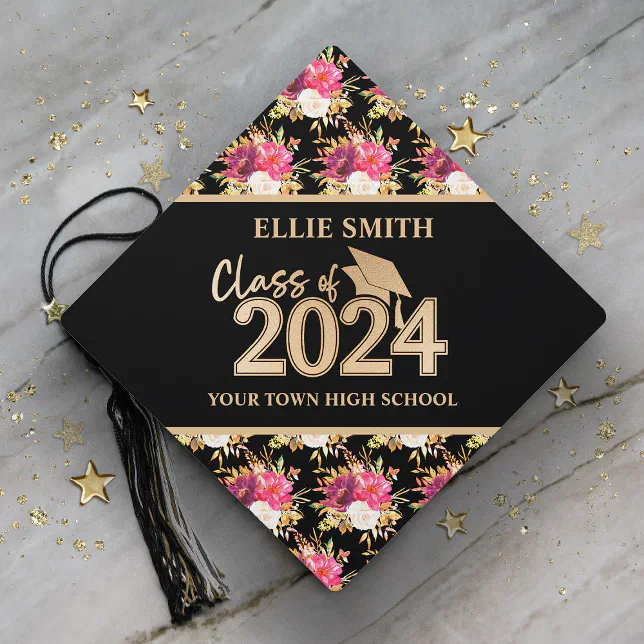 Pink Floral Black Gold Class 2024 Graduation Cap Topper | Zazzle