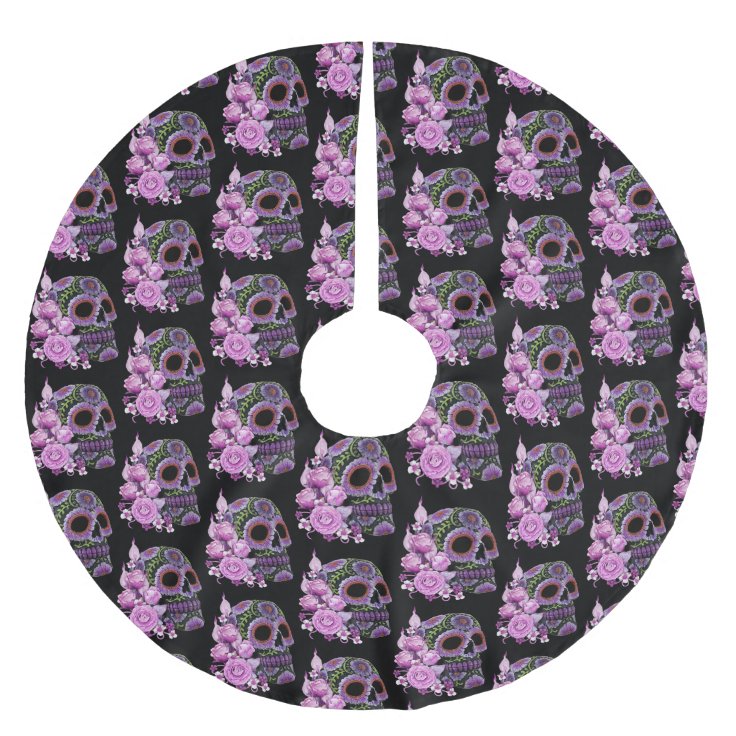 Pink Floral Black Sugar Skull Day Of The Dead Brushed Polyester Tree