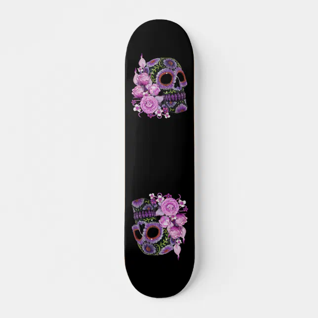 Pink Floral Black Sugar Skull Day Of The Dead Skateboard Zazzle