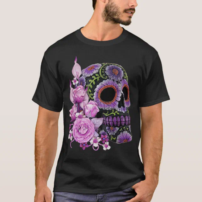 Pink Floral Black Sugar Skull Day Of The Dead T Shirt Zazzle