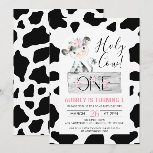 Pink Floral Black White Cow Print 1st Birthday Invitation | Zazzle