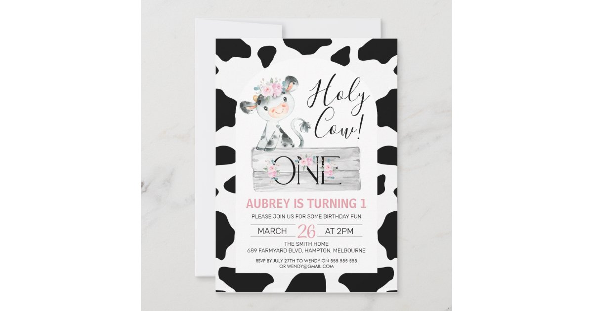 Pink Floral Black White Cow Print 1st Birthday Invitation | Zazzle