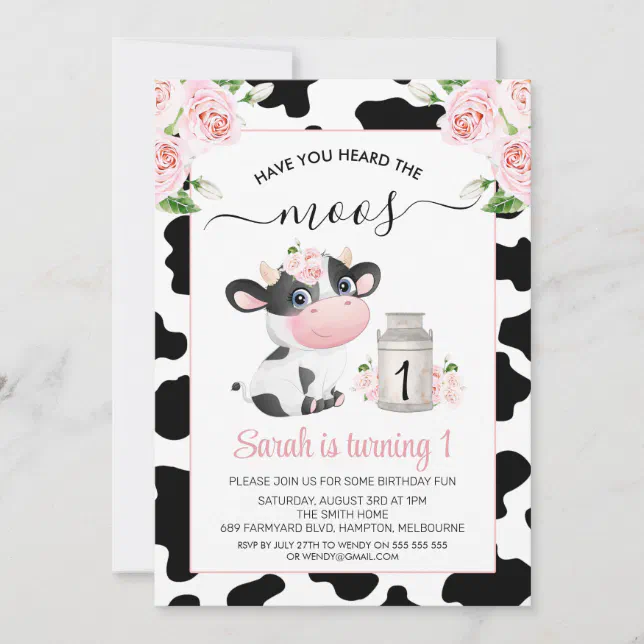Pink Floral Black White Cow Print Birthday Invitation | Zazzle