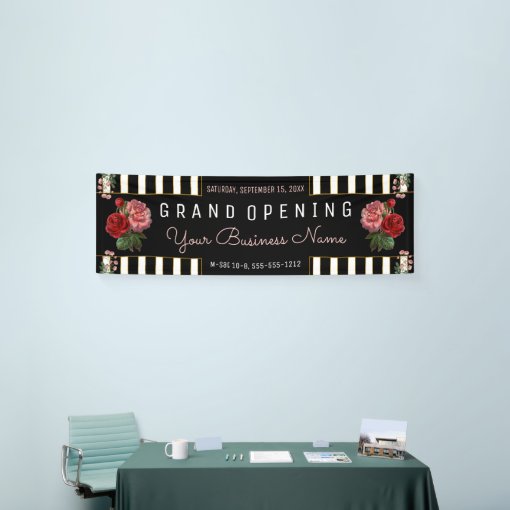 Pink Floral Black | White Stripes Business Banner | Zazzle