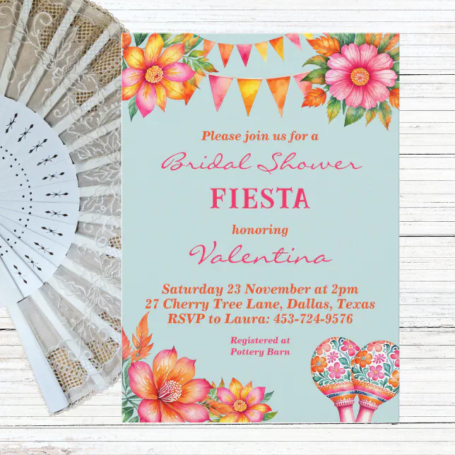 Pink Floral Blue Mexican Fiesta Bridal Shower Invitation | Zazzle
