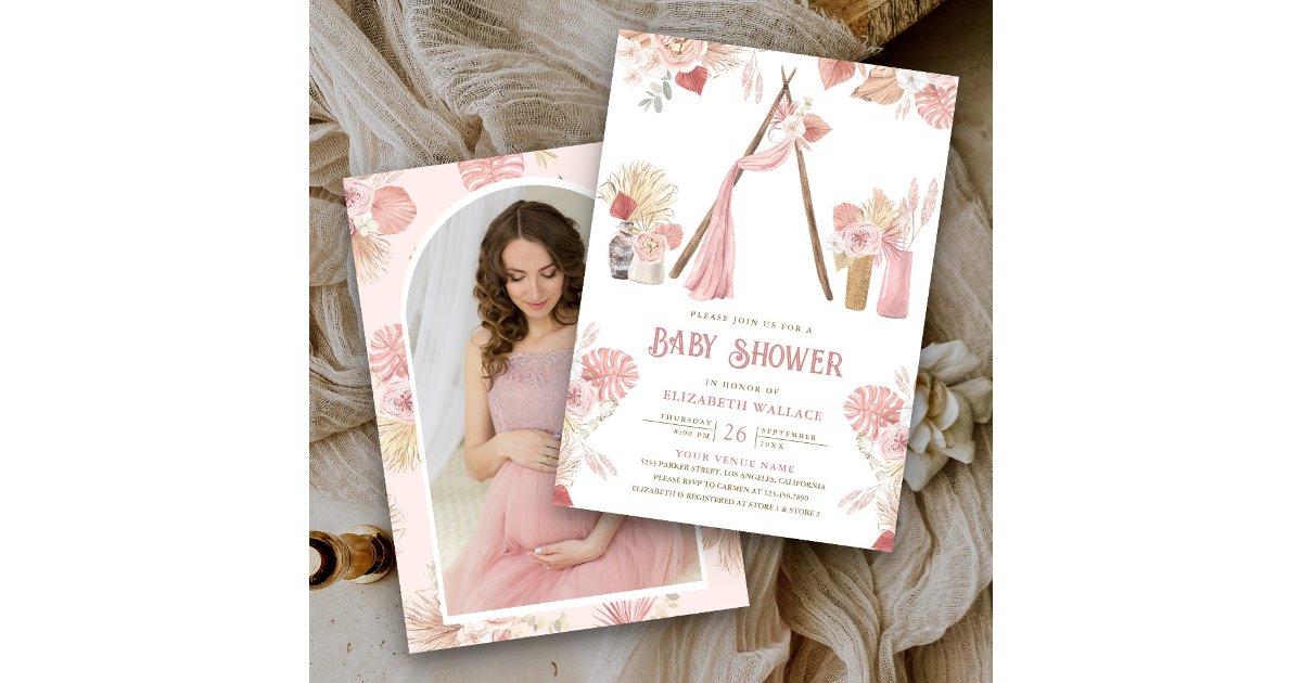 Pink Floral Boho Beach Arbor Photo Baby Shower Invitation | Zazzle