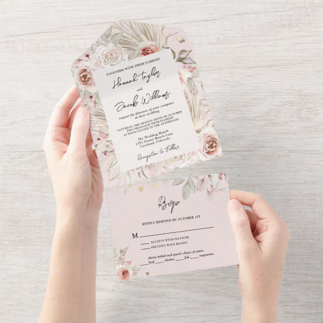 Pink Floral Boho Rustic with RSVP Wedding All In One Invitation | Zazzle