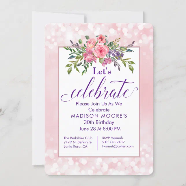 Pink Floral Bokeh Birthday Party Invitation | Zazzle