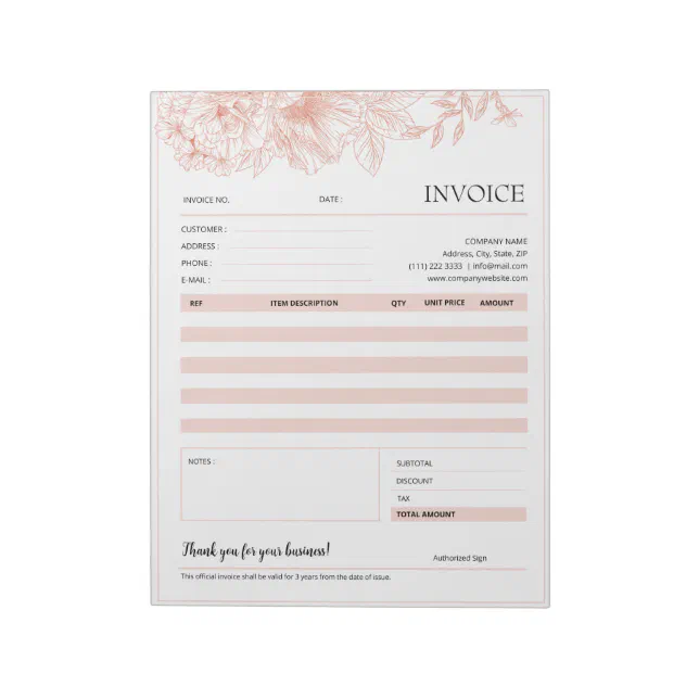 Pink Floral Border Small Business Invoice Template Notepad | Zazzle