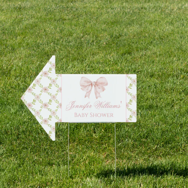 Pink floral bow baby girl shower arrow sign | Zazzle