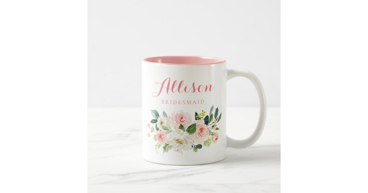Pink floral Bridesmaid Personalized Two-Tone Coffee Mug | Zazzle