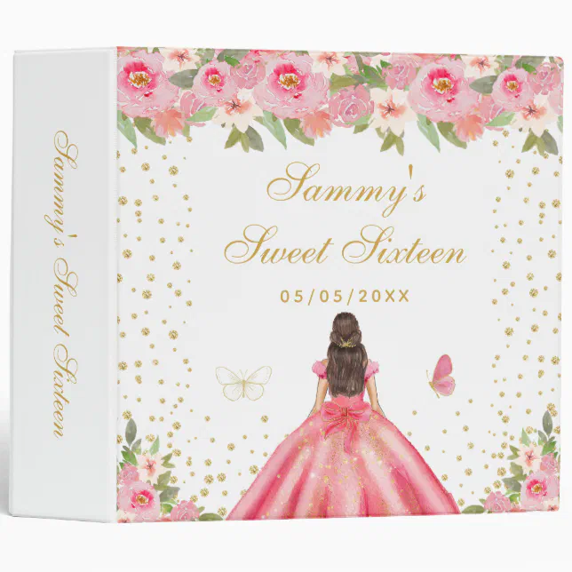Pink Floral Brunette Hair Princess Sweet Sixteen 3 Ring Binder | Zazzle