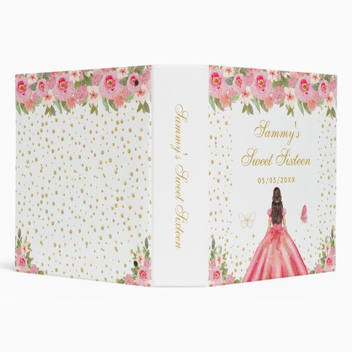 Pink Floral Brunette Hair Princess Sweet Sixteen 3 Ring Binder | Zazzle