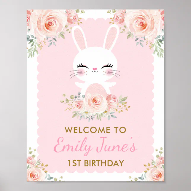 Pink Floral Bunny Cute Rabbit 1st Birthday Party Poster | Zazzle