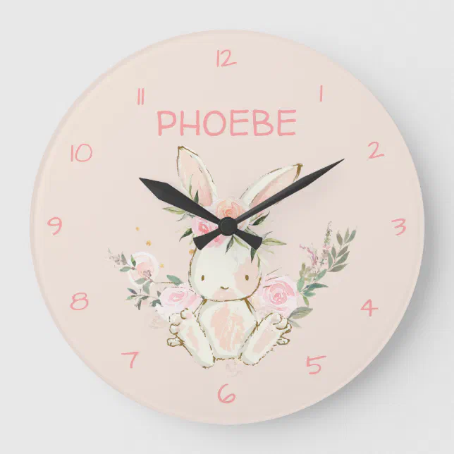 Pink Floral Bunny Nursery Wall Clock | Zazzle