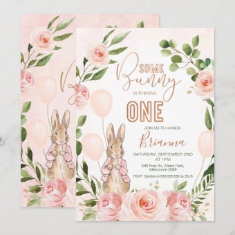Pink Floral Bunny Rabbit 1st Birthday Invitation | Zazzle