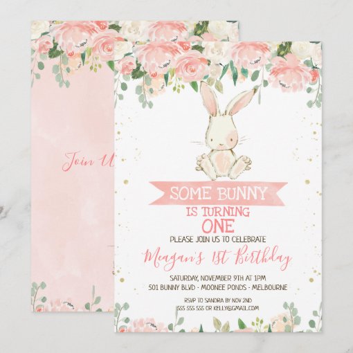 Pink Floral Bunny Rabbit 1st Birthday Invitation | Zazzle