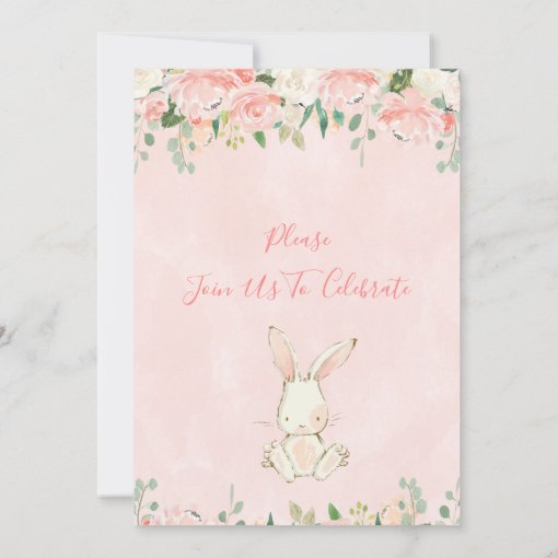Pink Floral Bunny Rabbit 1st Birthday Invitation | Zazzle