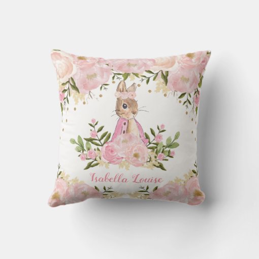 Pink Floral Bunny Rabbit Baby Girl Nursery Room Throw Pillow | Zazzle