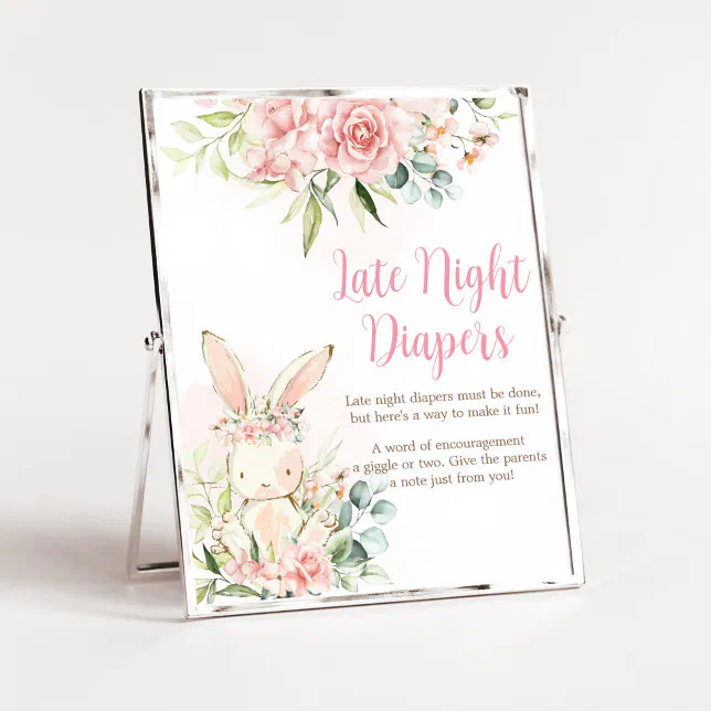 Pink Floral Bunny Rabbit Baby Late Night Diapers Poster | Zazzle