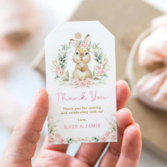 Pink Floral Bunny Rabbit Baby Shower Gift Tag | Zazzle