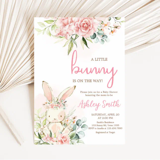 Pink Floral Bunny Rabbit Baby Shower Invitation | Zazzle
