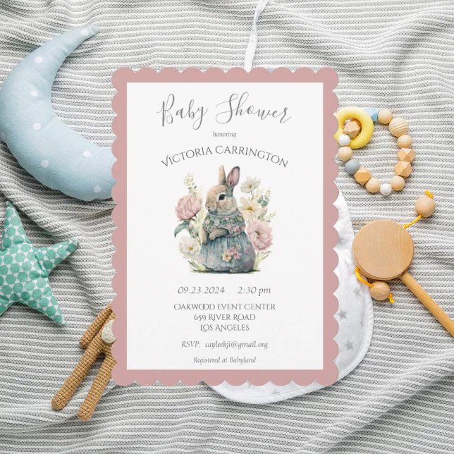Pink Floral Bunny Rabbit Baby Shower Invitation | Zazzle