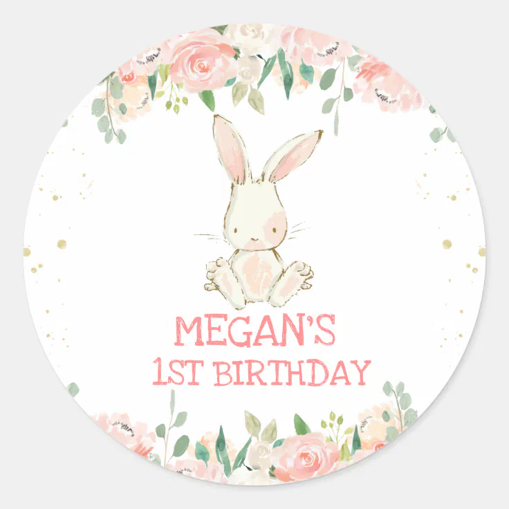 Pink Floral Bunny Rabbit Birthday Party Classic Round Sticker | Zazzle