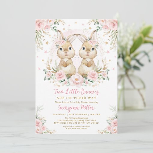 Pink Floral Bunny Rabbit Twin Girl Baby Shower Invitation | Zazzle