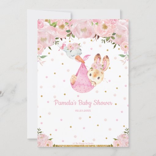 Pink Floral Bunny Stork Bundle Girl Baby Shower Invitation | Zazzle