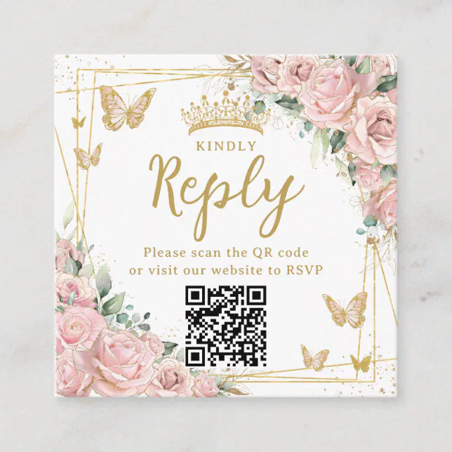 Pink Floral Butterflies Quinceanera RSVP QR Code Enclosure Card | Zazzle