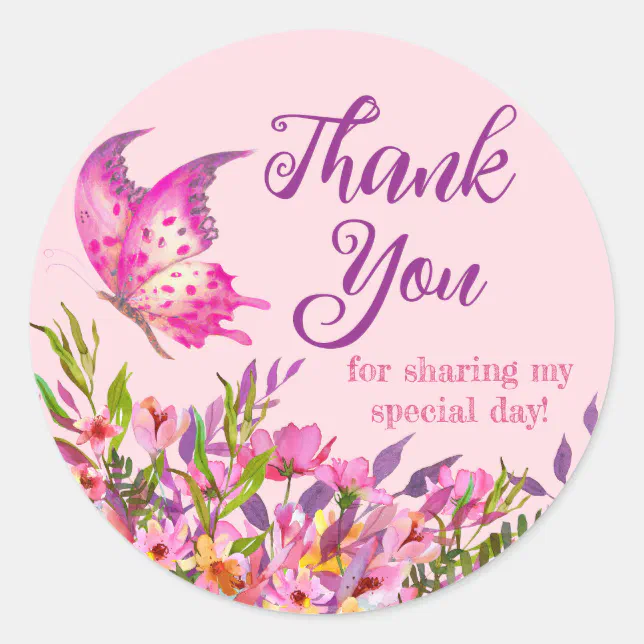 Pink Floral Butterfly Thank You Sticker | Zazzle