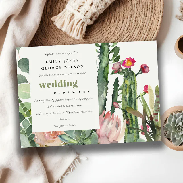 PINK FLORAL CACTI FOLIAGE WATERCOLOR WEDDING INVITATION | Zazzle