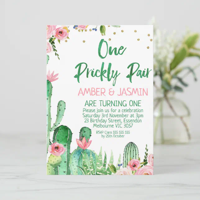 Pink Floral Cactus One Prickly Pair Birthday Invitation | Zazzle