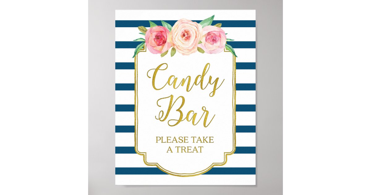 Pink Floral Candy Bar Sign Gold Navy Blue Stripes | Zazzle