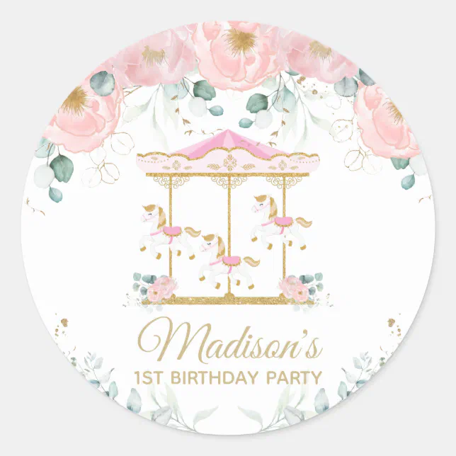 Pink Floral Carousel Merry Go Round Birthday Favor Classic Round ...