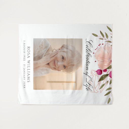 Pink Floral Celebration of Life Funeral Memorial Tapestry | Zazzle